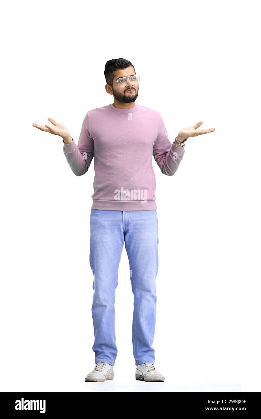 A man, on a white background, in full height, spreads his arms Stock ...
