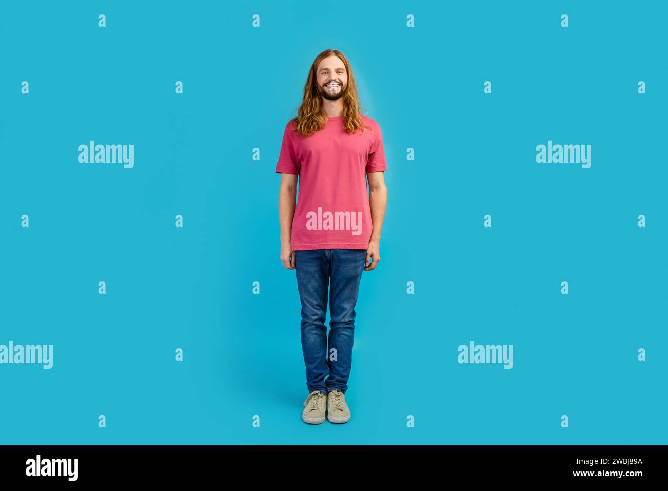 Full body portrait of cool friendly satisfied person standing posing ...