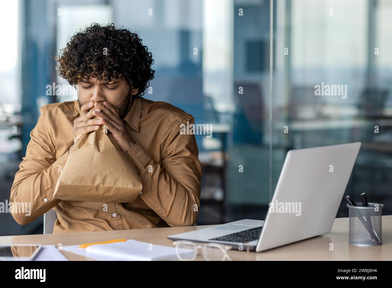 Panic attack in worker inside office at workplace, businessman ...