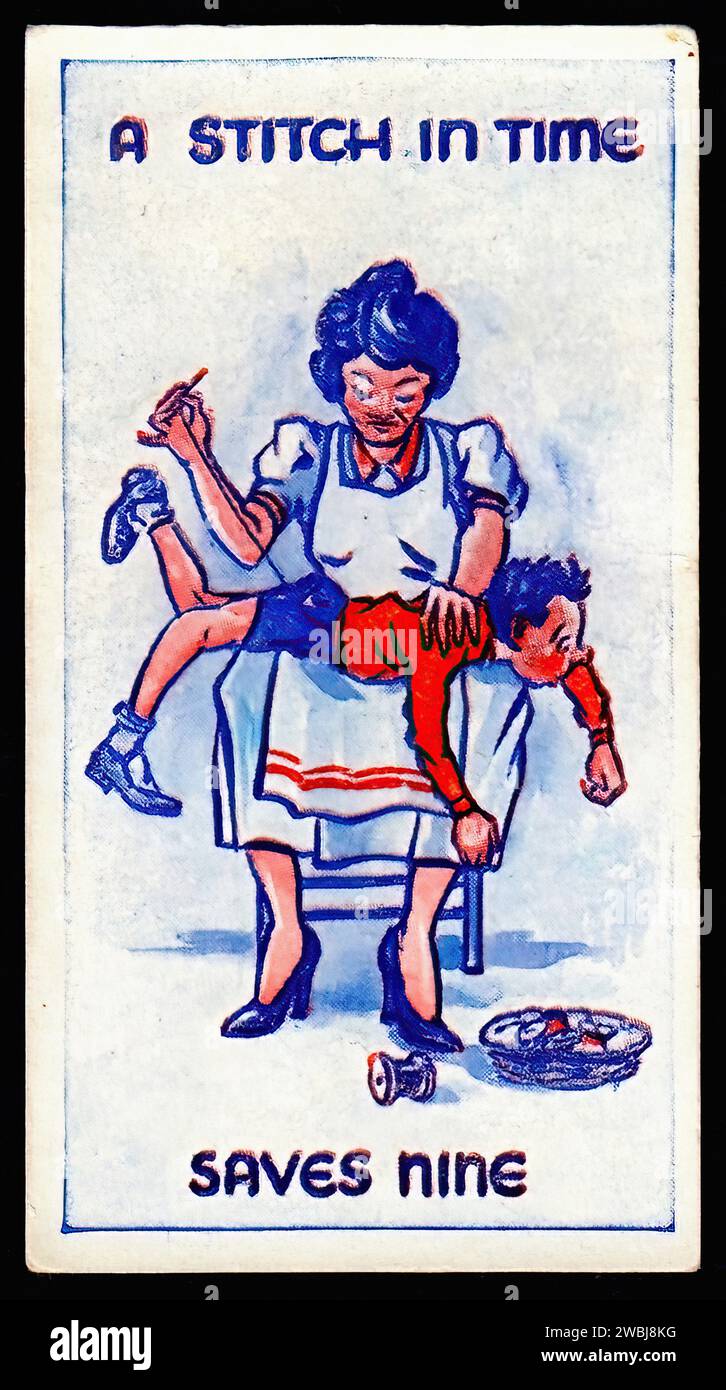 A stitch in time saves nine - Vintage Cigarette Card Illustration Stock ...