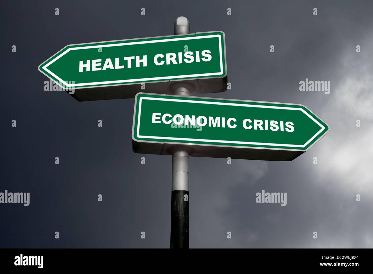 Two direction signs, one pointing left (Health crisis), and the other ...
