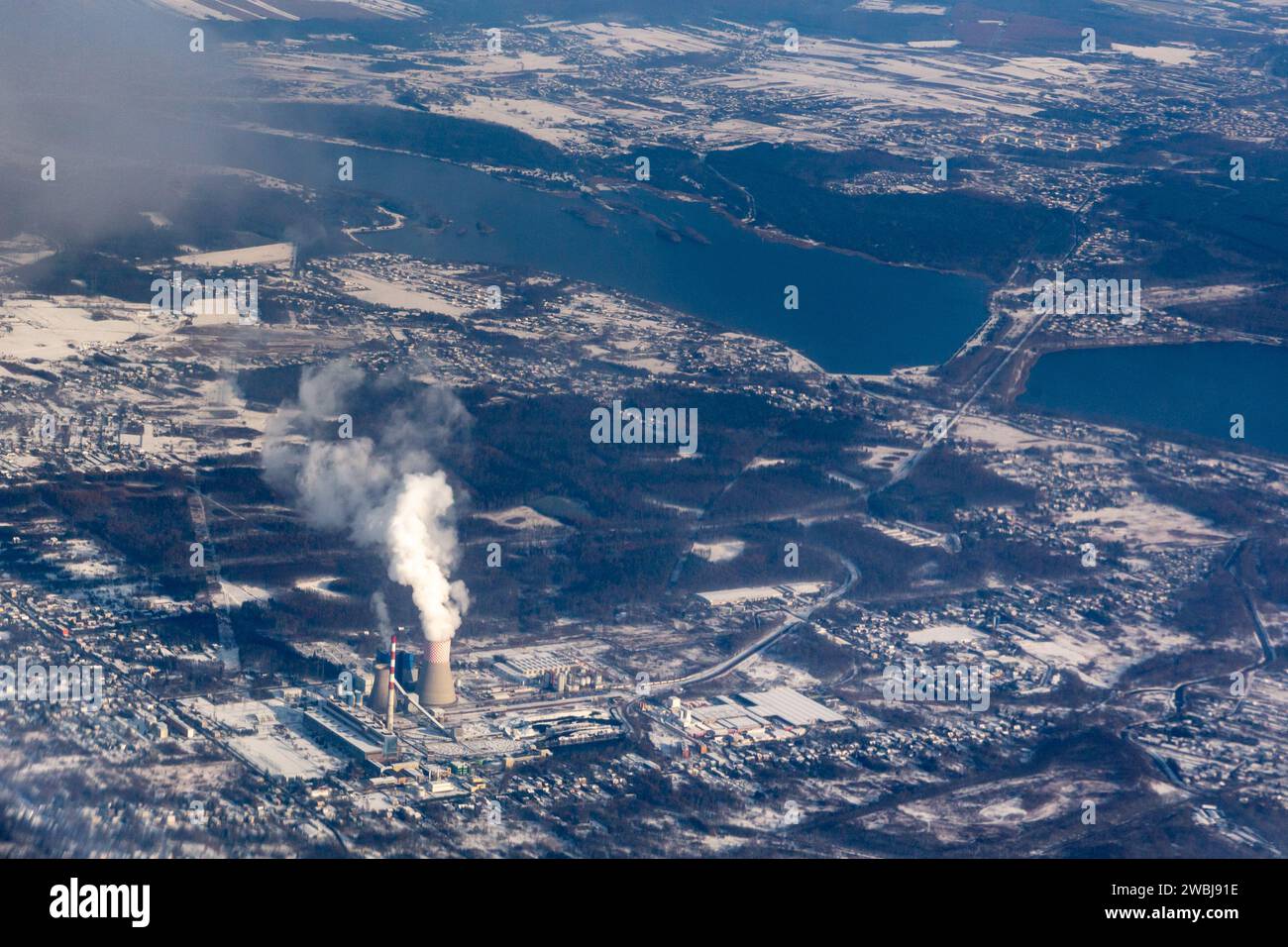 Krakow, Poland, 11 January 2024. Arial view from a plane of a power ...