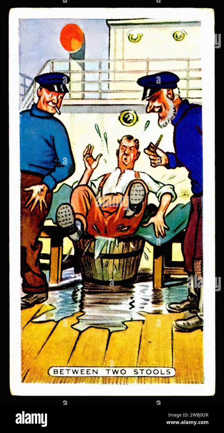 Between two stools - Vintage Cigarette Card Illustration Stock Photo ...