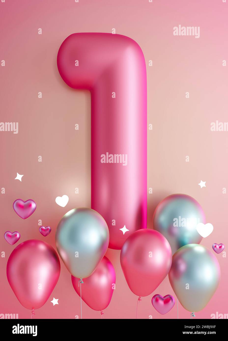 Pink, glossy number one on gradient background. 1 Year Old. First ...