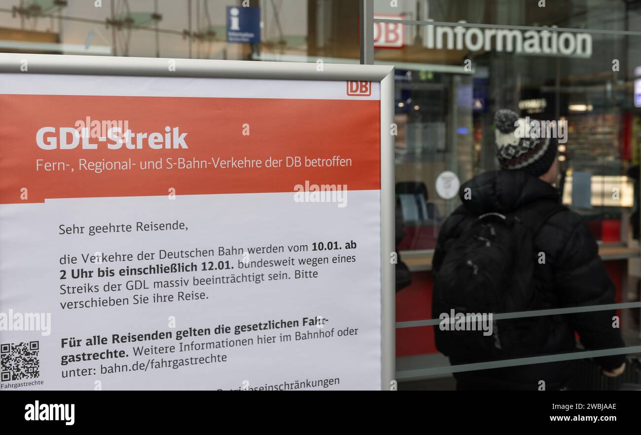 Berlin, Germany. 11th Jan, 2024. "GDL strike" is written on a poster in ...