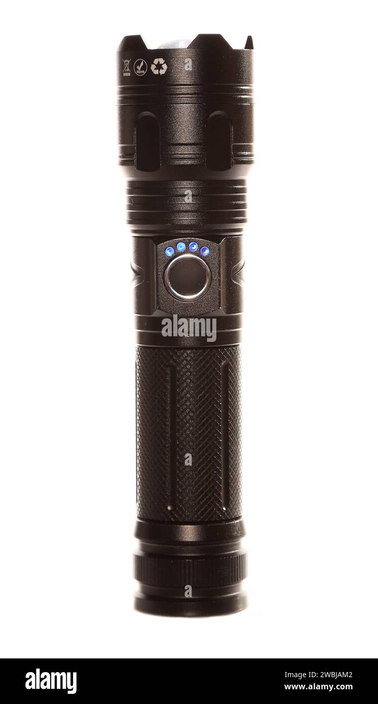 Hand held black torch isolated on a white background Stock Photo - Alamy