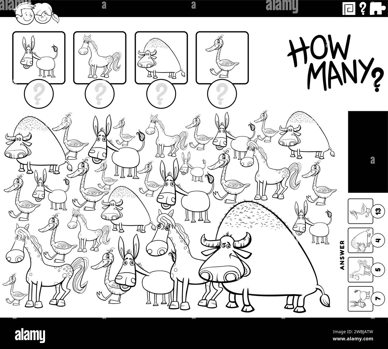 illustration of educational counting game with cartoon farm animal ...