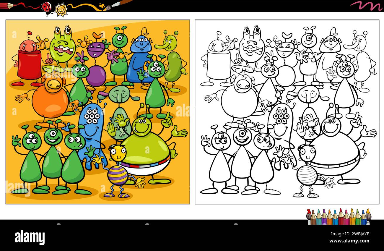 Cartoon illustration of funny aliens comic characters group coloring ...