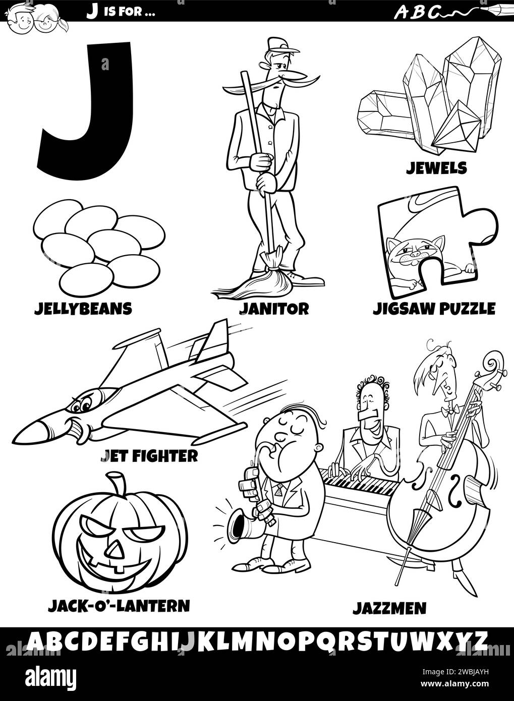 Cartoon illustration of objects and characters set for letter J ...
