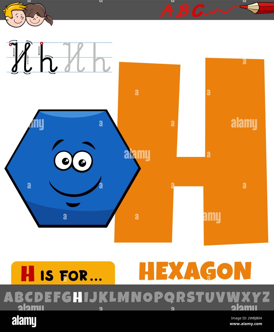 Educational cartoon illustration of letter H from alphabet with hexagon ...