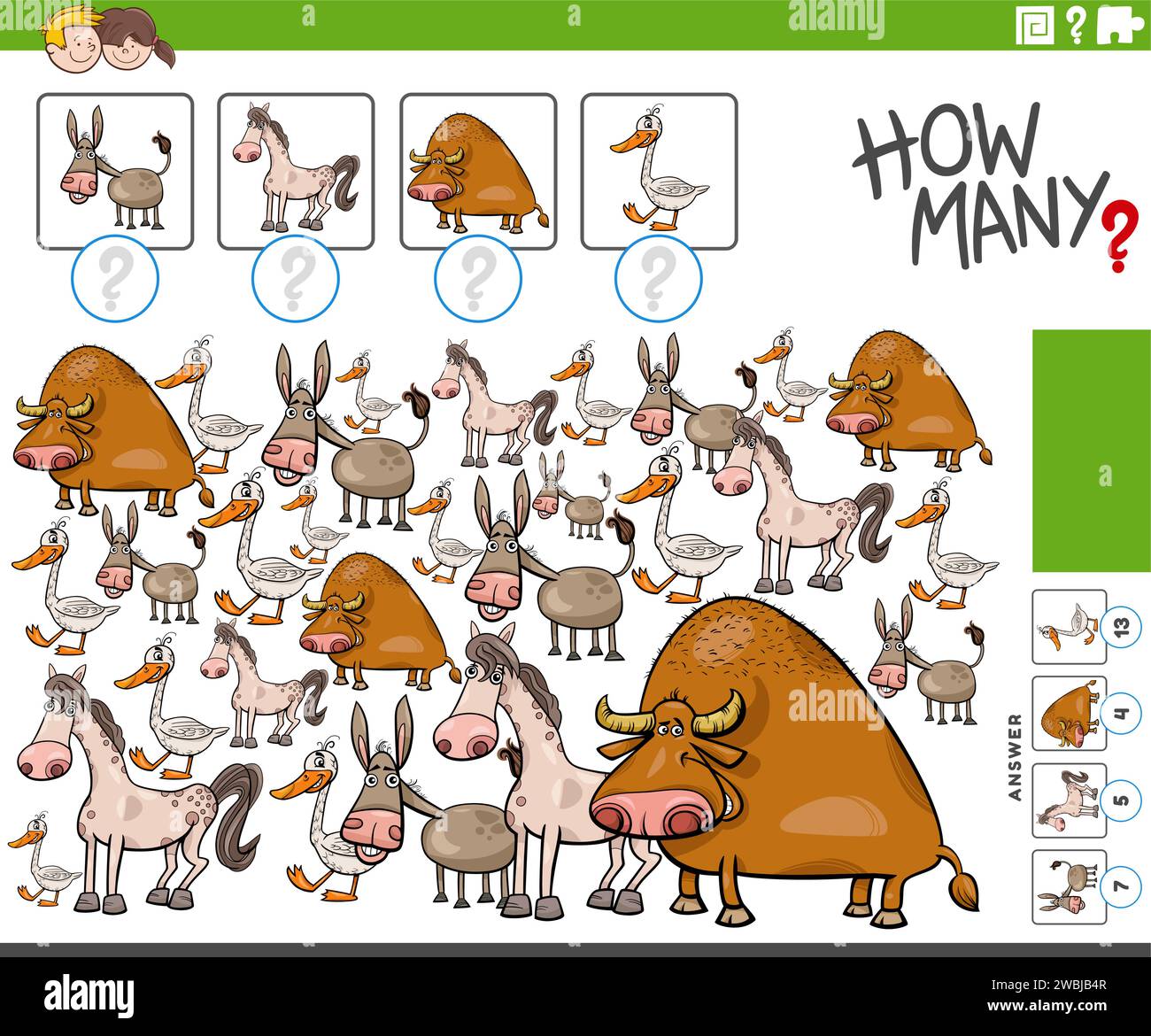 Cartoon illustration of educational counting game with comic farm ...