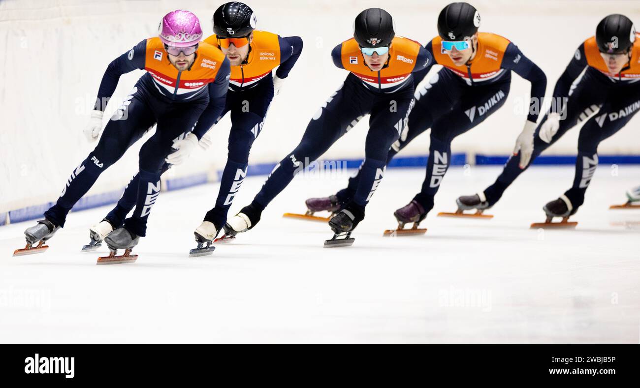 GDANSK - The men's short track speed skaters during training in the run ...