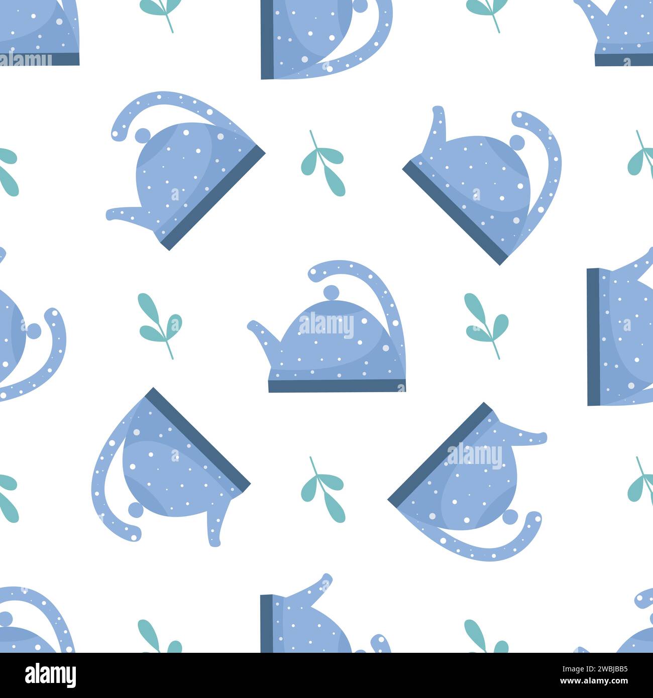 Teapot and tea leaves background. Seamless pattern with foliage and kitchen teapots. Culinary ...