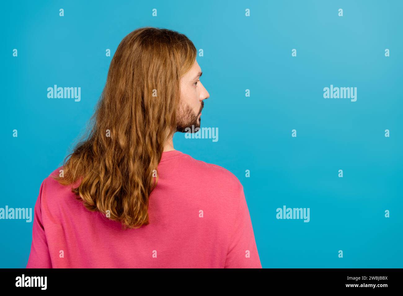 Rear behind profile photo of beautiful strong long hair man look empty ...