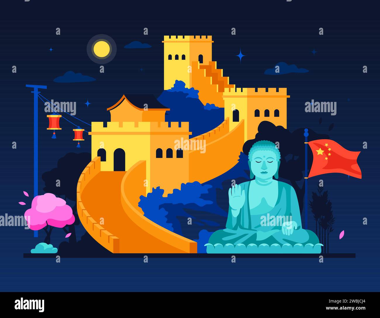 Buddha and the Great Wall of China - colored vector illustration Stock ...