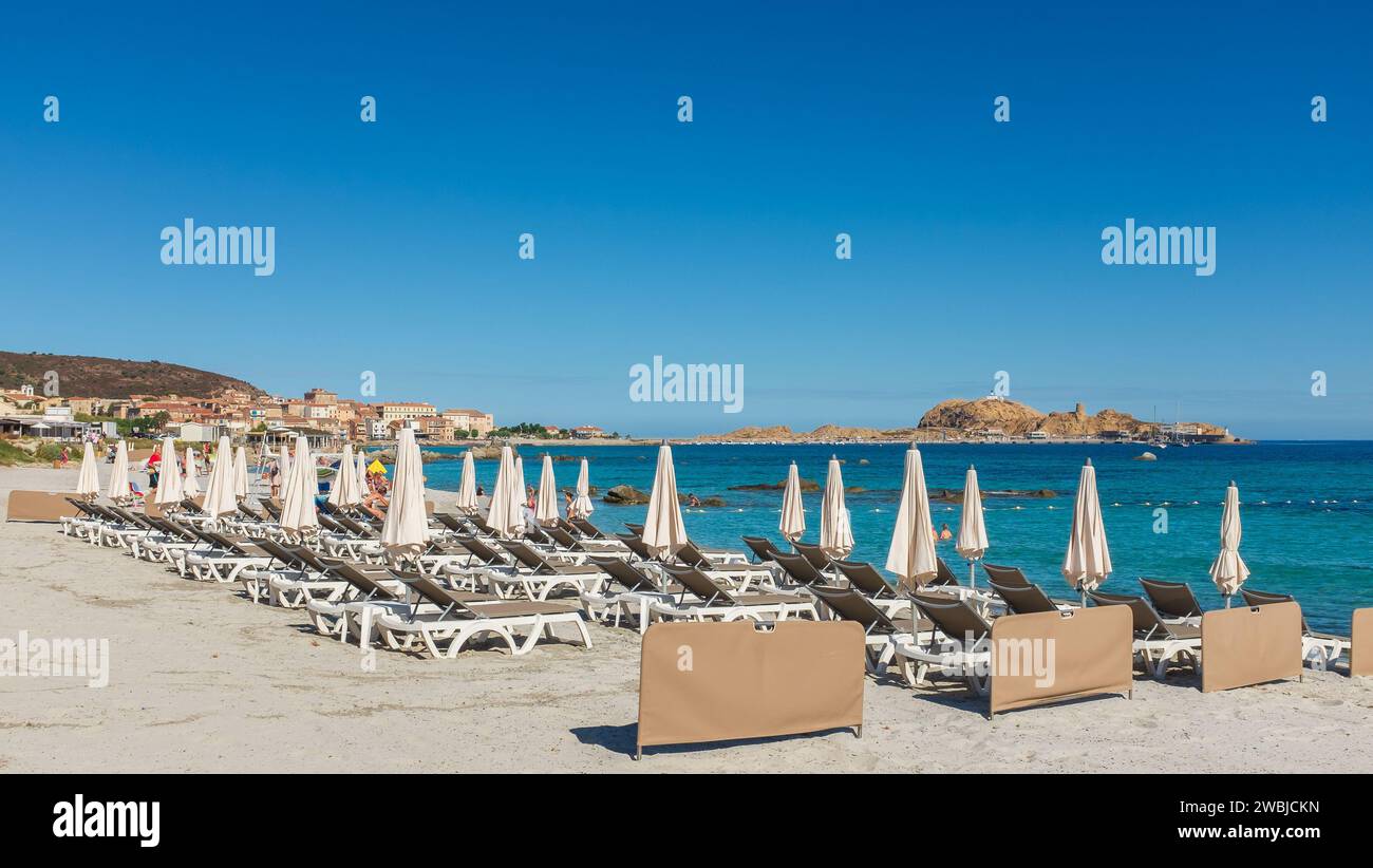 Ile Rousse, Corsica. Panorama of the beach, the little town of l'Ile ...