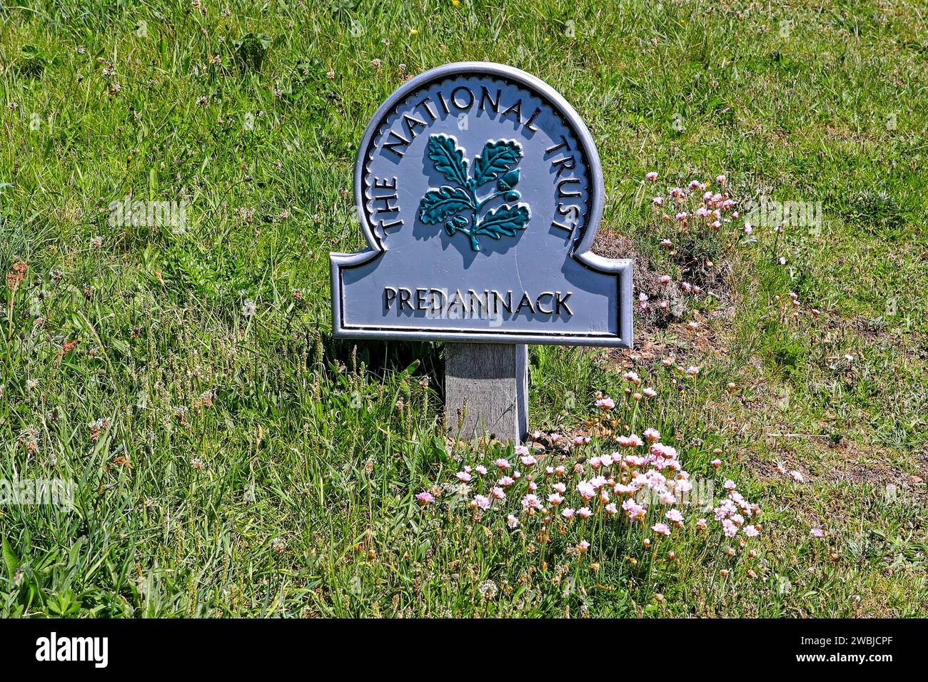 An omega sign saying Predannack erected by The National Trust ...