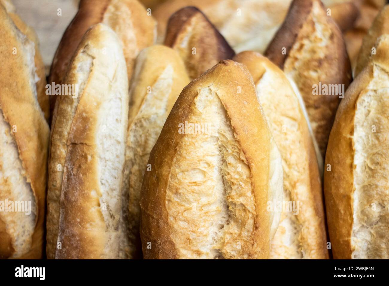 Display of handmade bread loaves on the counter top of a modern bakery ...