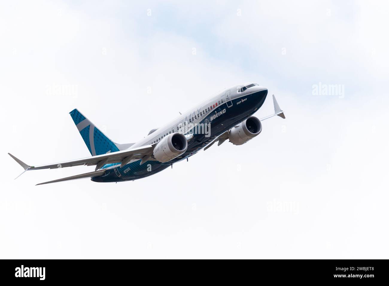 Boeing 737-7 Max 7 airliner jet plane flying at Farnborough ...