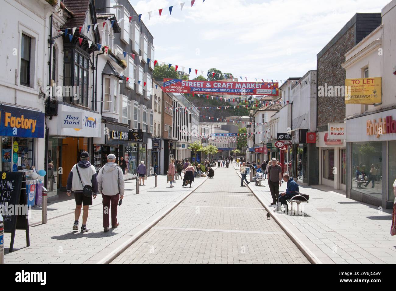 Shops and shoppers on Union Street, Torquay in Devon in the United ...
