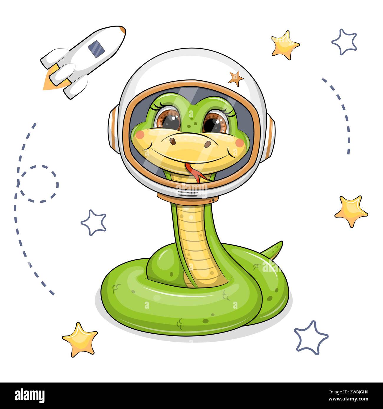 Cute cartoon green snake astronaut with stars and spaceship. Space ...