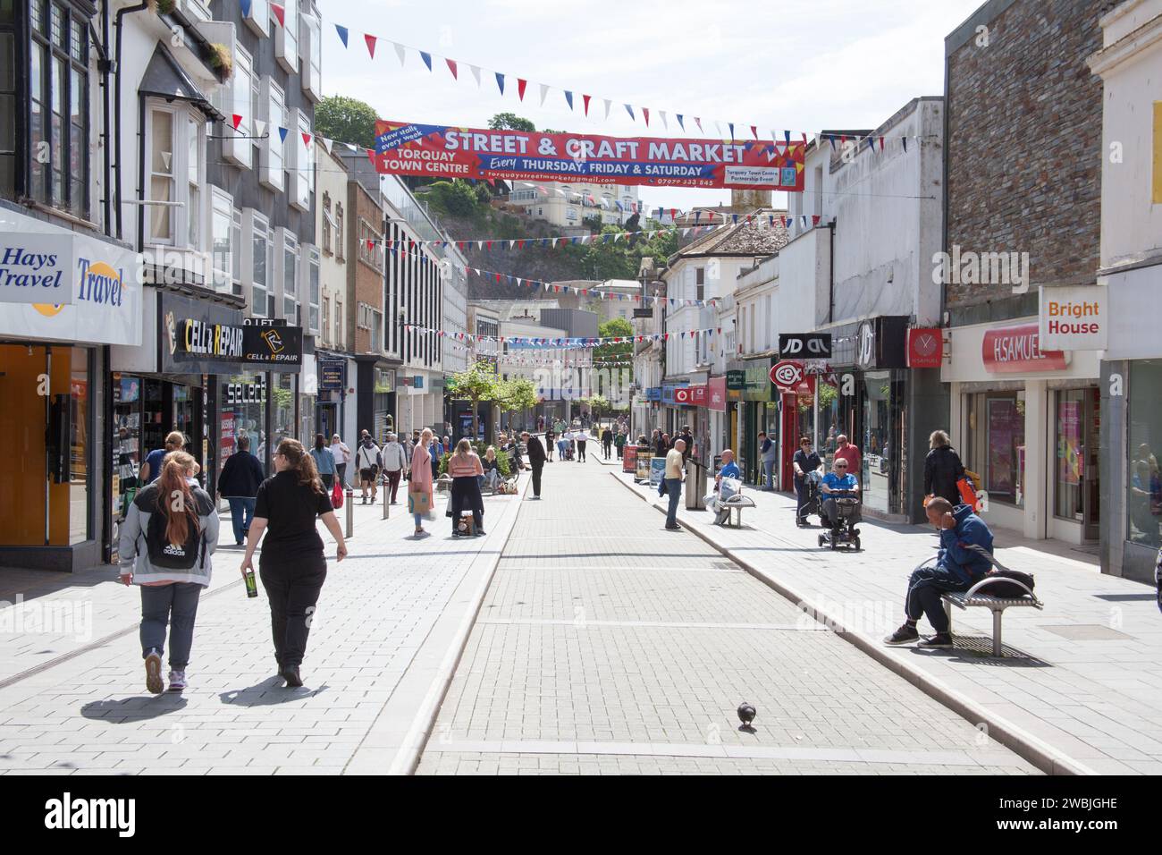 Shops and shoppers on Union Street, Torquay in Devon in the United ...