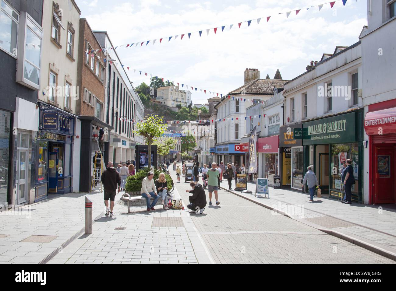 Shops and shoppers on Union Street, Torquay in Devon in the United ...