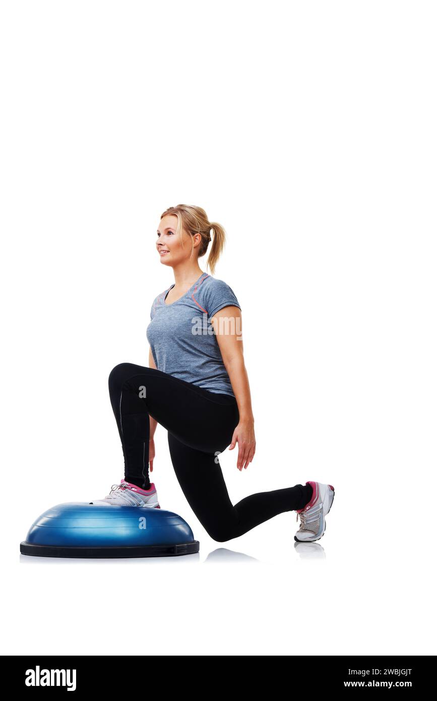 Workout, half ball and woman doing lunge for wellness, physical ...