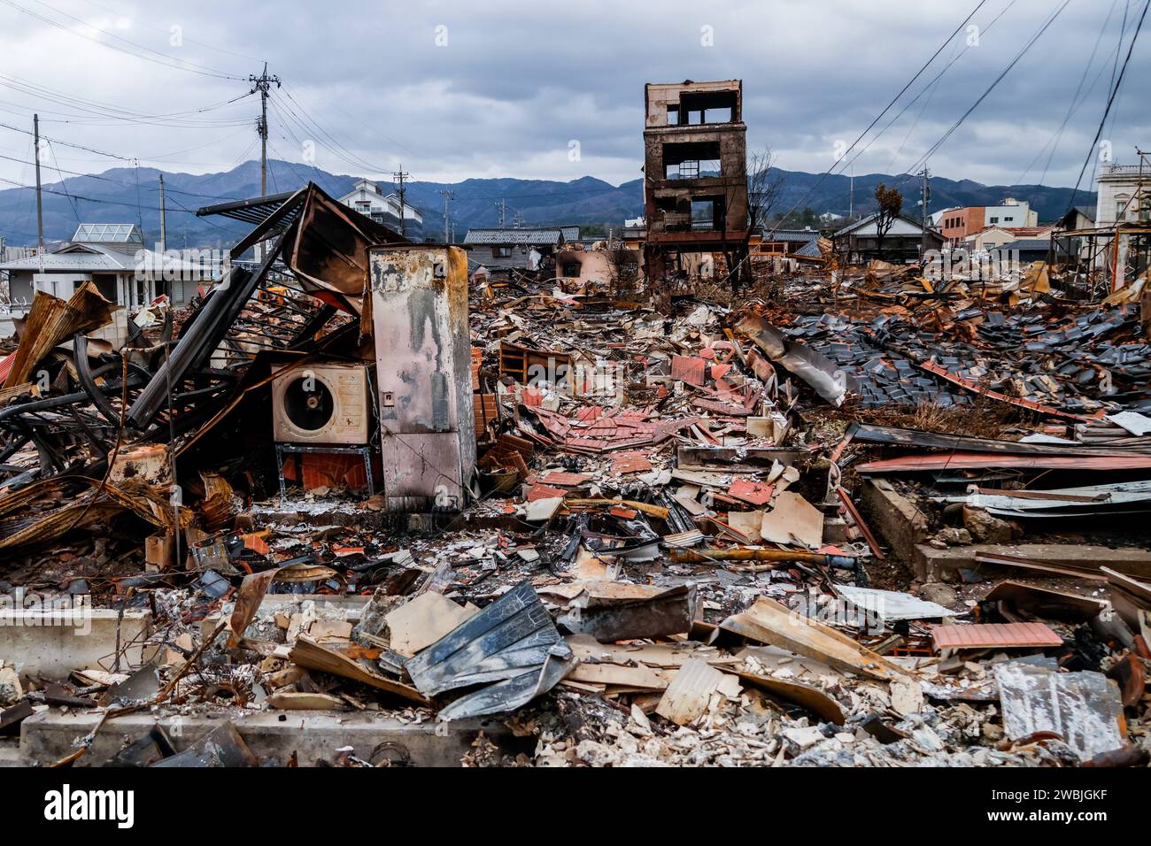 Ishikawa, Japan. 5th Jan, 2024. A view of destroyed buildings around ...