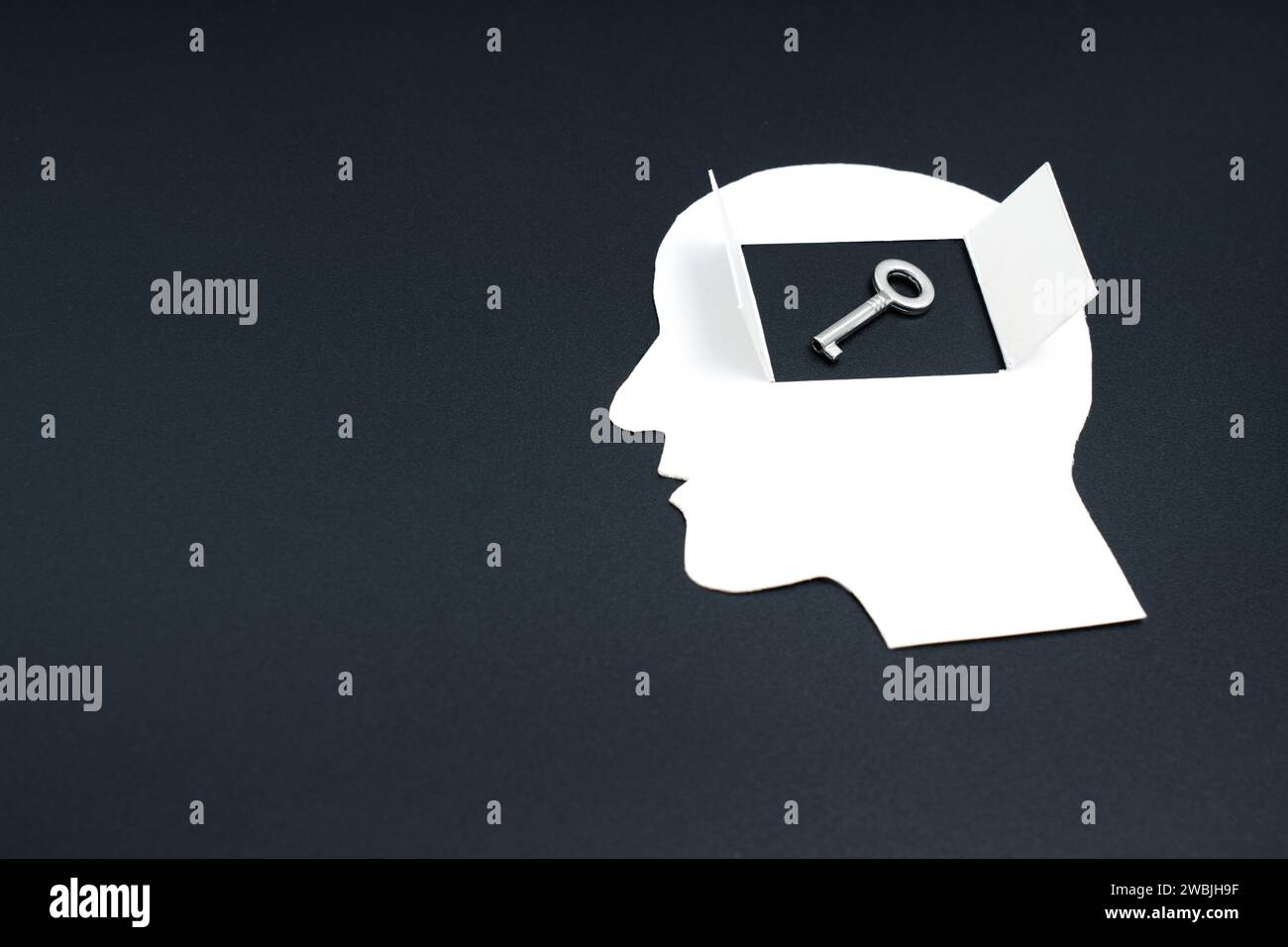 Open window in the brain area of the human head cutout reveals a miniature master key ...