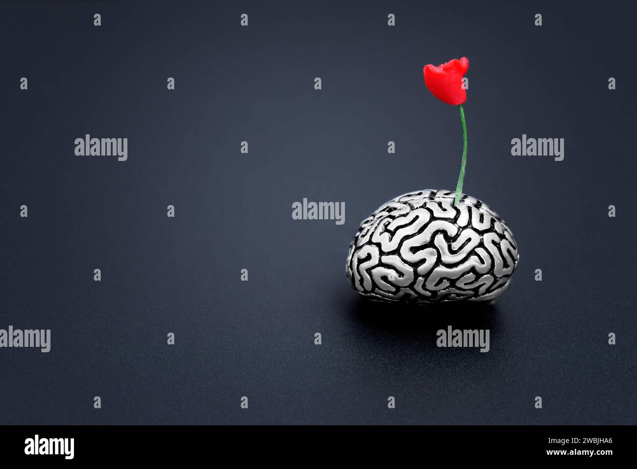 Miniature toy rose flower rising from a miniature steel model of a ...