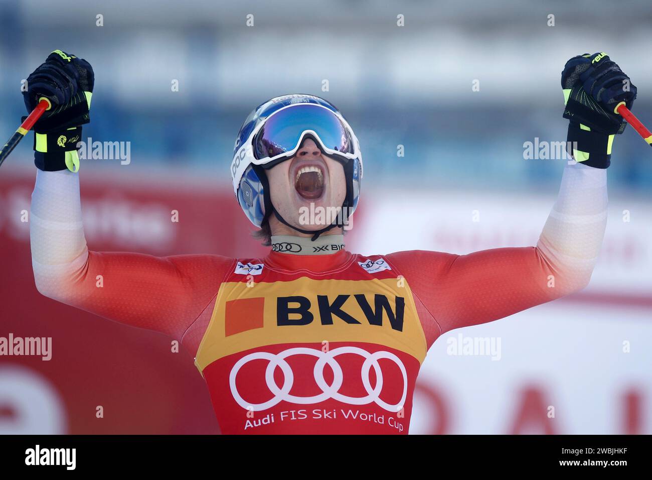 Switzerland's Marco Odermatt celebrates at the finish area of an alpine ...