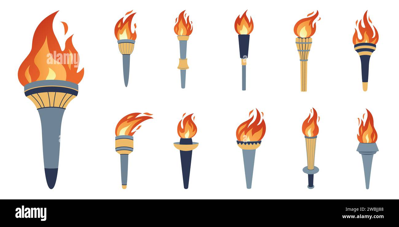 Torch with burning fire in flat design. Vector set. Vector illustration ...
