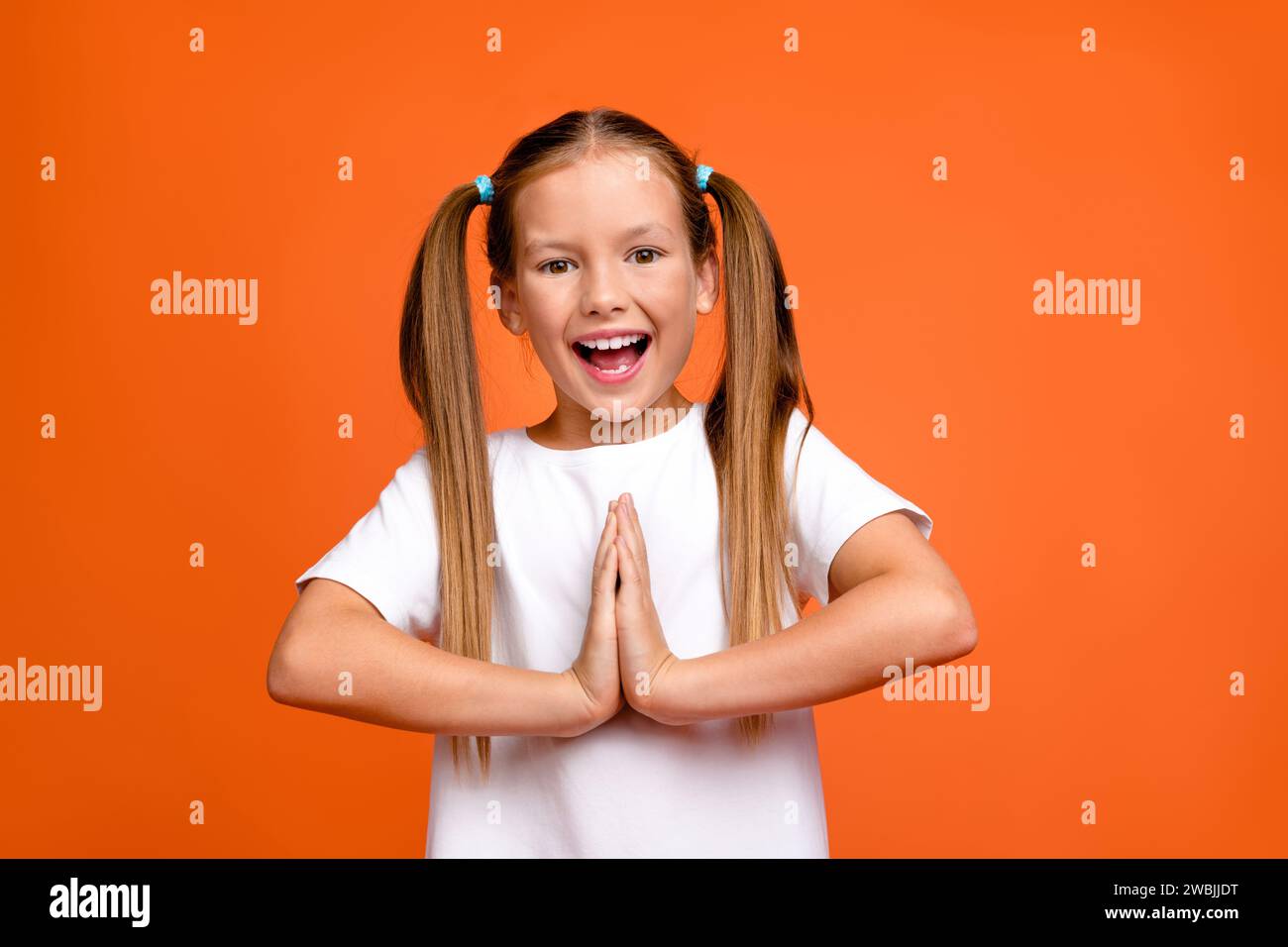 Photo portrait of cute little lady hands together praying excited make ...