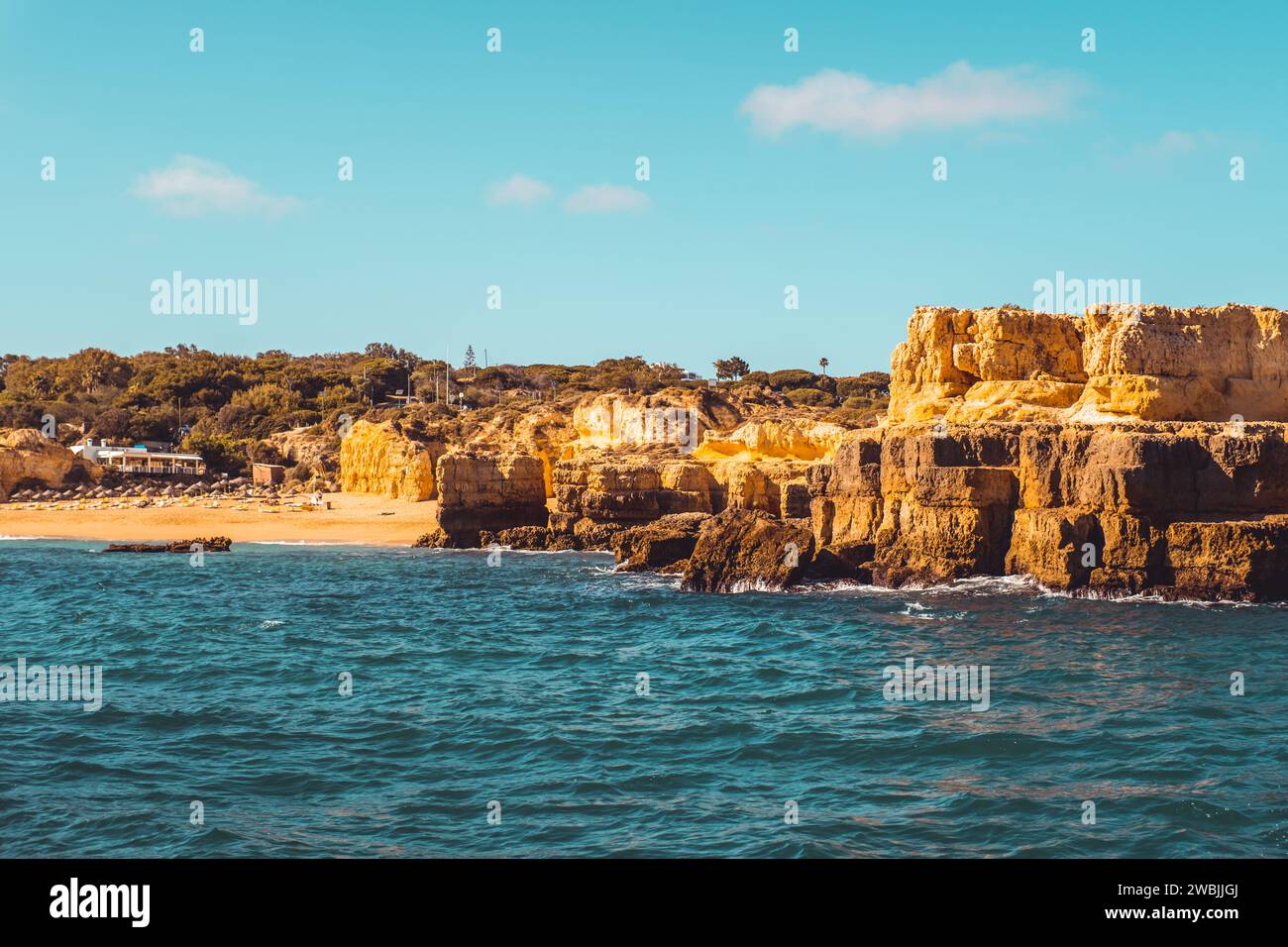 Beautiful limestone Algarve coast with caves and rock formation, Albufeira, south of Portugal ...