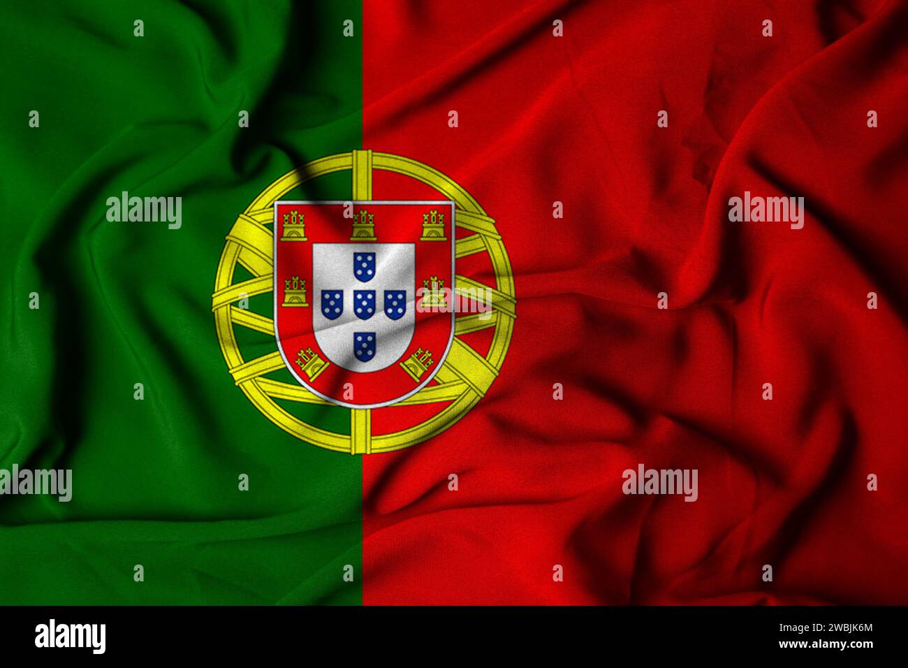 selective focus of the portugal flag, with waving fabric texture. 3d ...