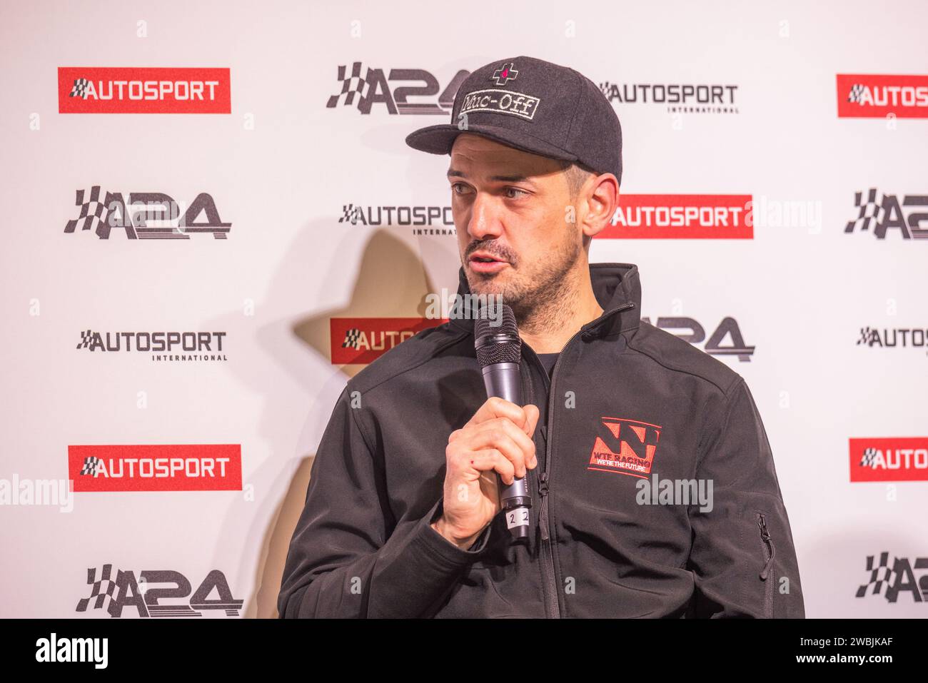 Birmingham, UK. 11 JAN, 2024. James Hillier (rider) speaks at the ...