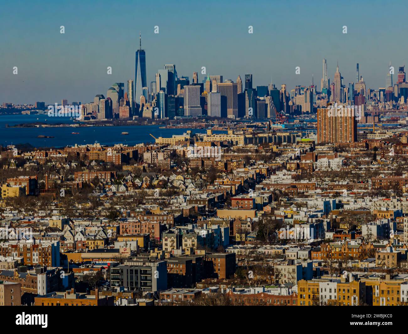 An aerial view of Brooklyn, New York, showcasing the Upper Bay and the ...