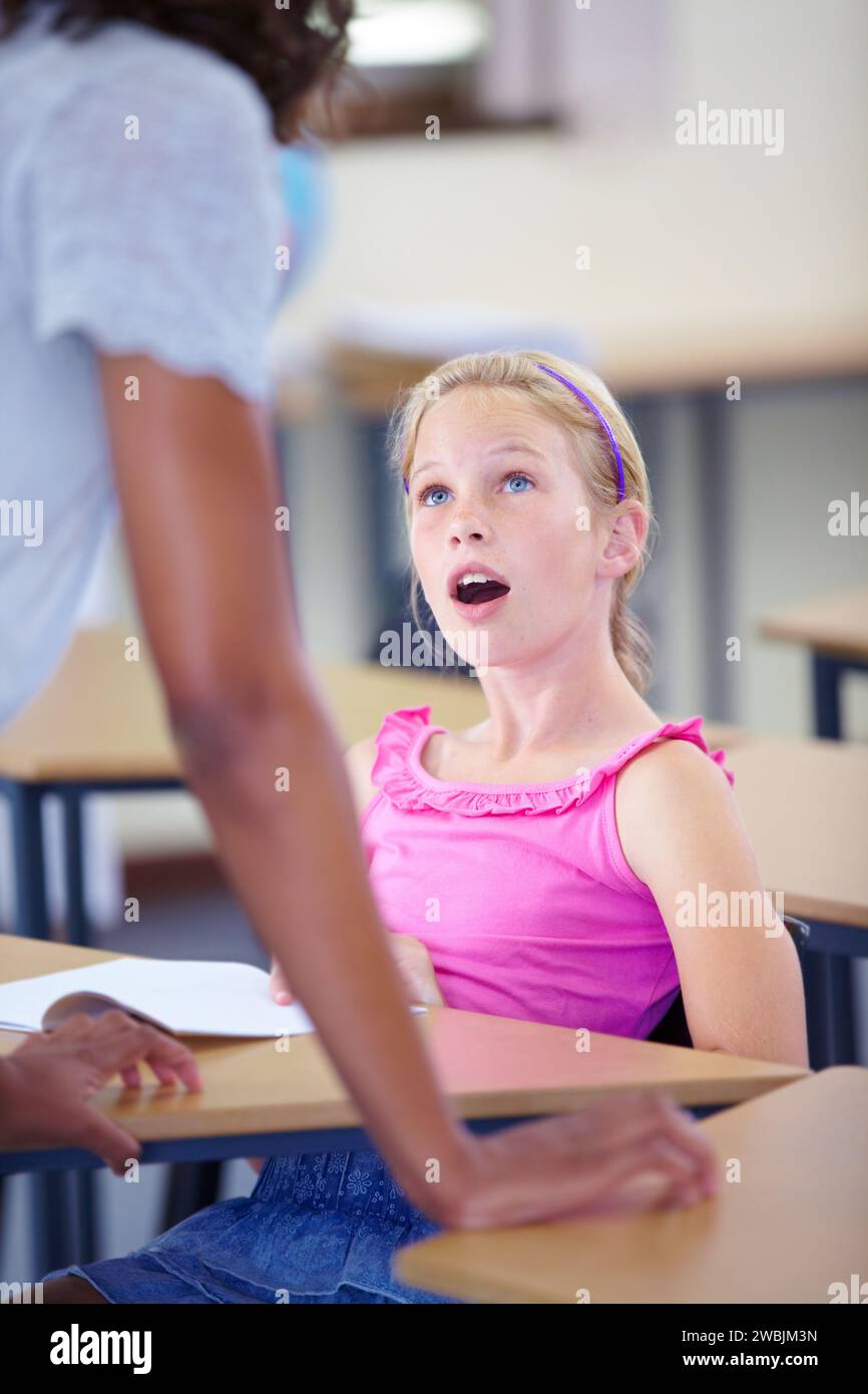 Child, girl and surprise, student and teacher with amazed reaction to ...