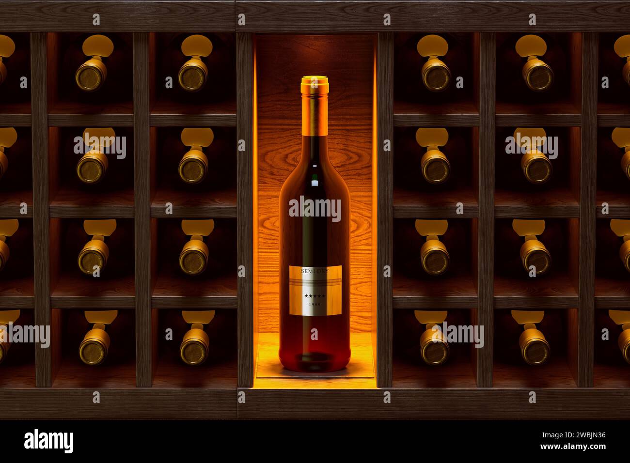 A uniquely lit, solitary wine bottle captivates amidst the shadows of ...
