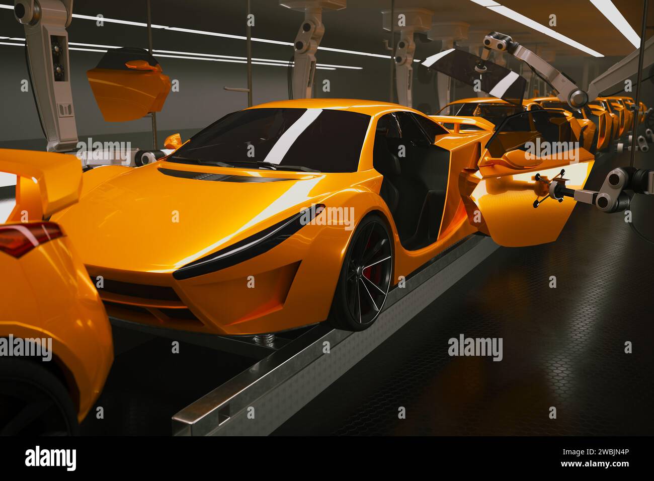 A striking yellow sports car gets pieced together by robotic arms ...
