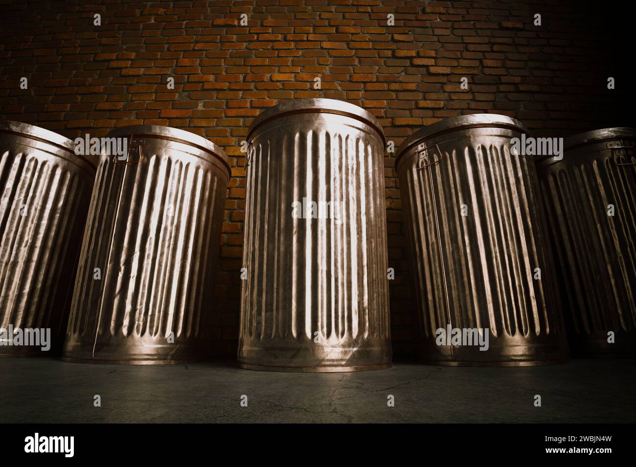A neatly arranged formation of shining metal trash cans positioned on a ...