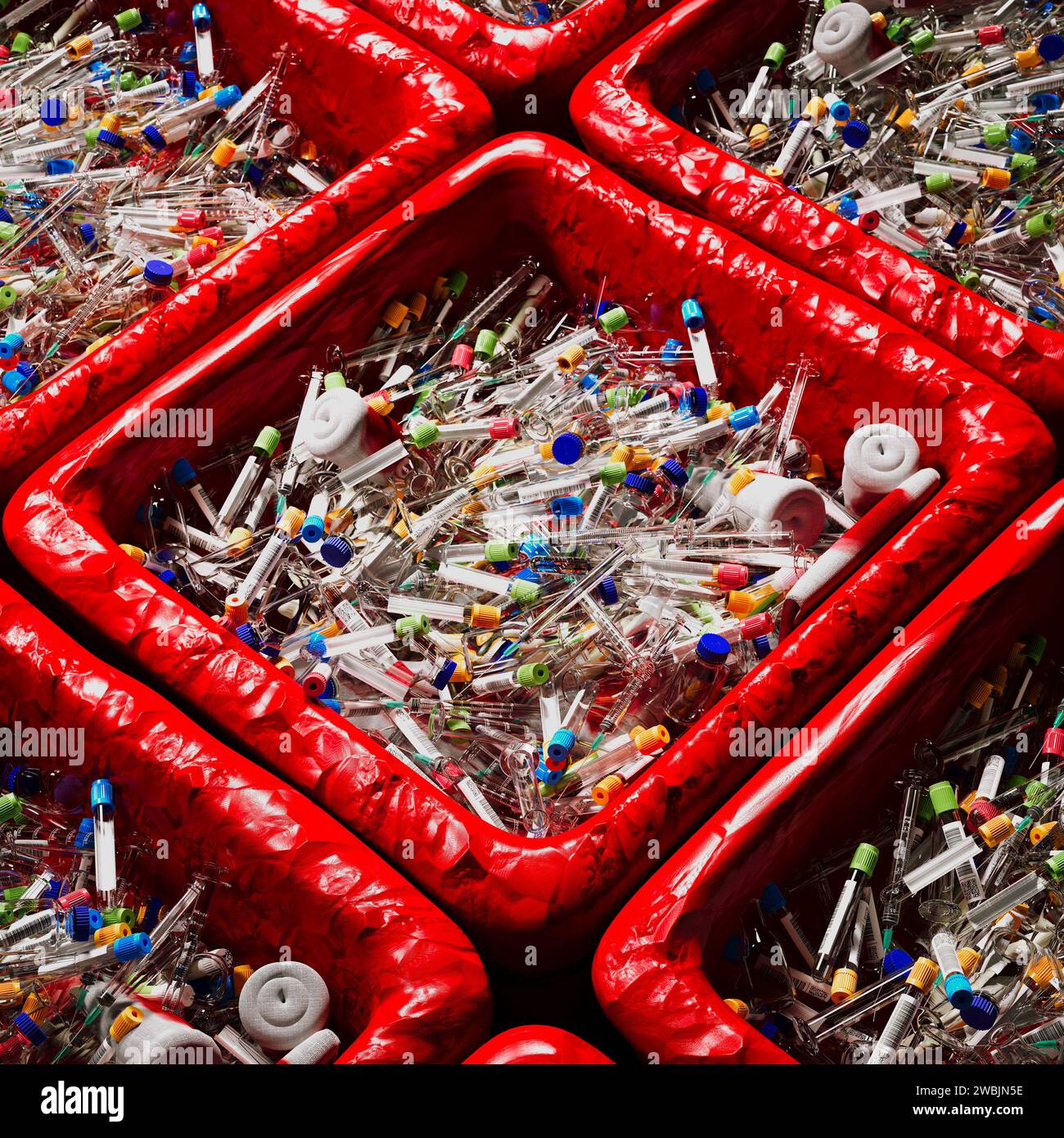 An overfilled red biohazard bin containing various medical laboratory ...