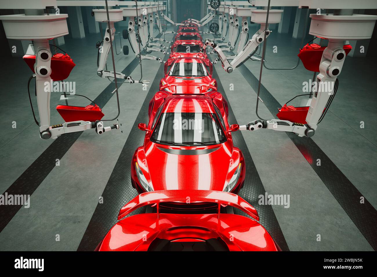 A gleaming red sports car progresses along a cutting-edge automated ...
