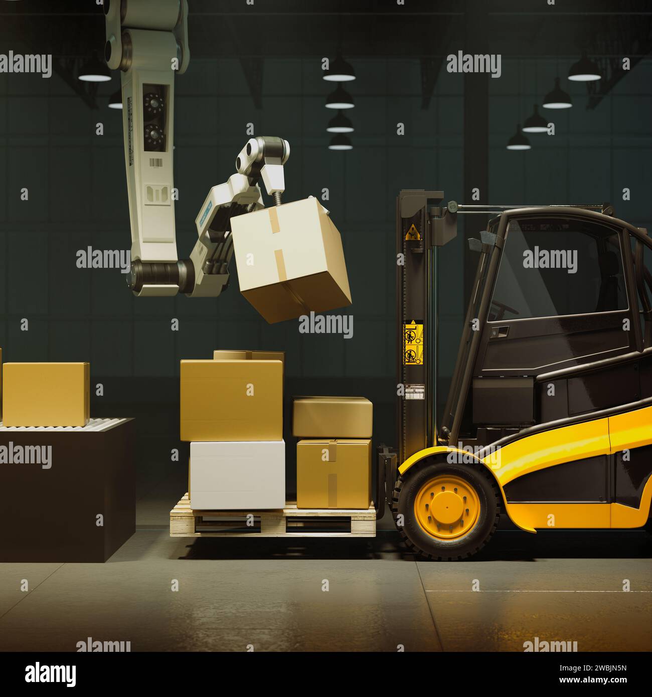 Close-up view of an advanced industrial robotic arm swiftly arranging ...