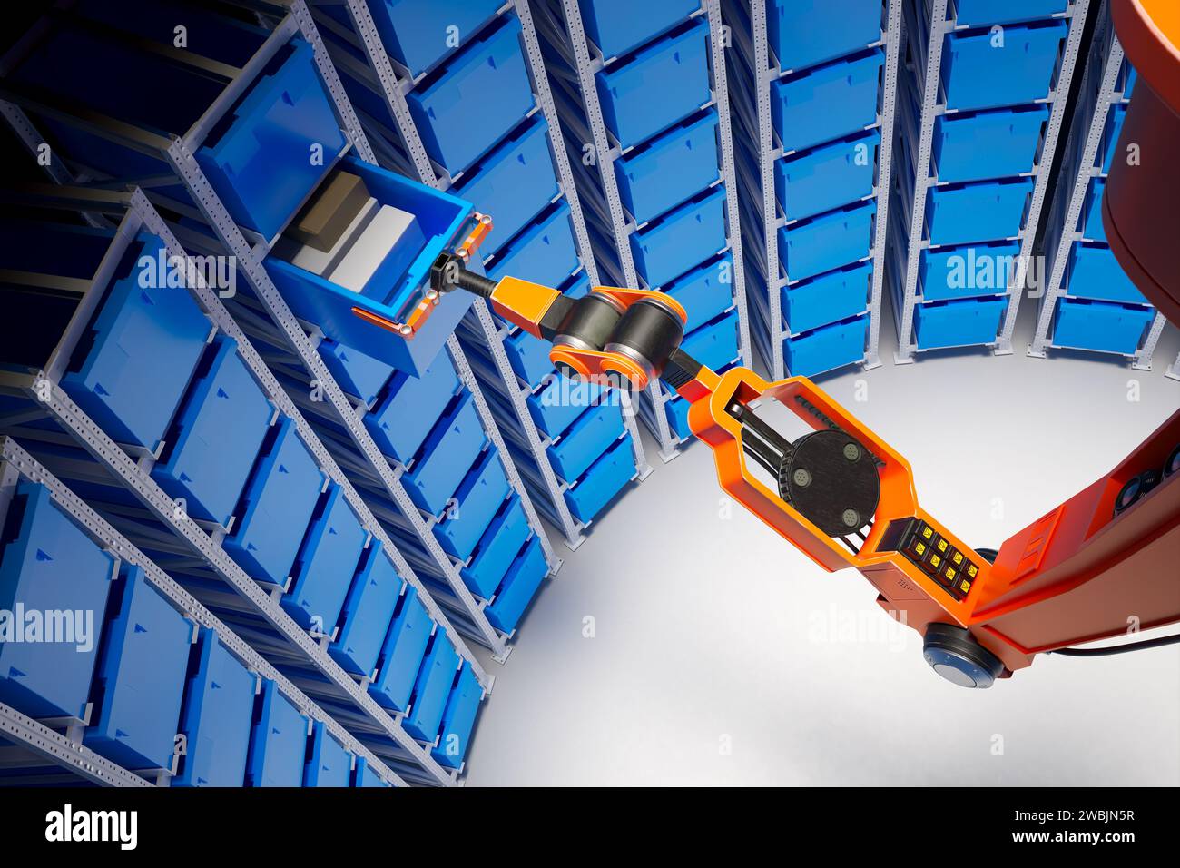 Precision robotic arm engaged in package selection within a cutting-edge automated warehouse ...