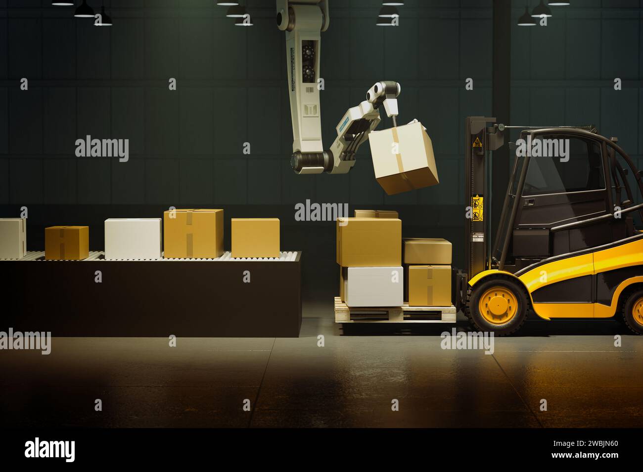 Close-up of an automated forklift-guided robotic arm strategically ...