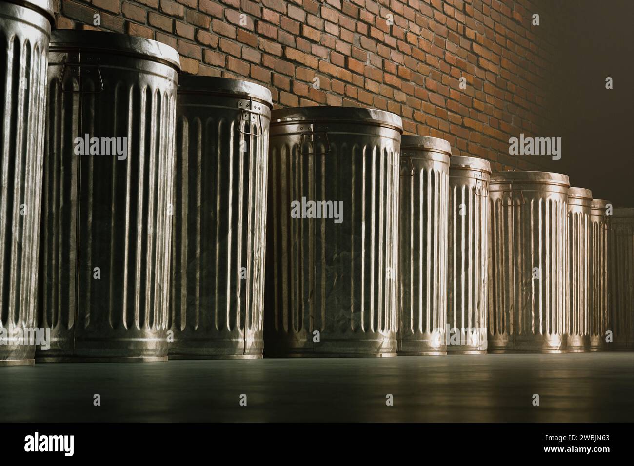 Close-up of multiple metal trash bins evenly aligned against a vivid ...