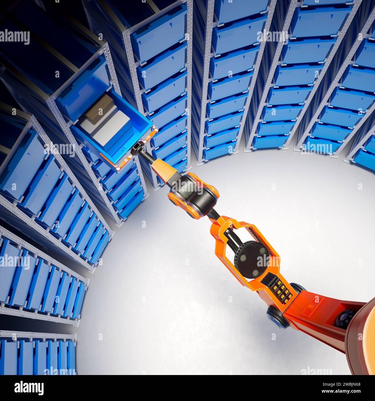 Precision Engineered Robotic Arm Efficiently Managing Inventory By Retrieving A Box From A