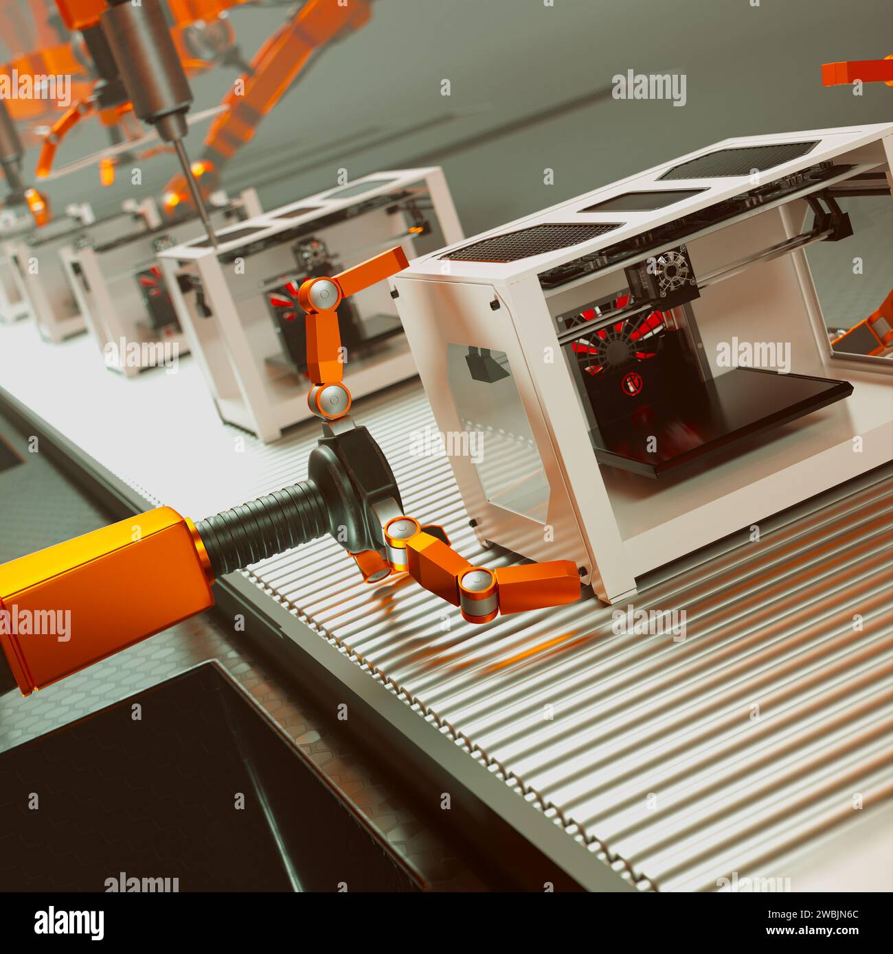 A state-of-the-art 3D printing production line with robotic arms and automated machinery ...